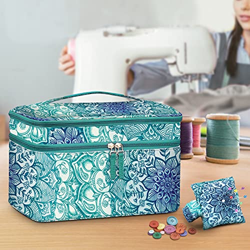 FINPAC Sewing Accessories Storage and Organizer Case, Double-Layer Sewing Kits Carrying Bag with Wrist Pin Cushion for Threads, Needles, Embroidery Floss Supplies, Felting Kits (Emerald Illusions)