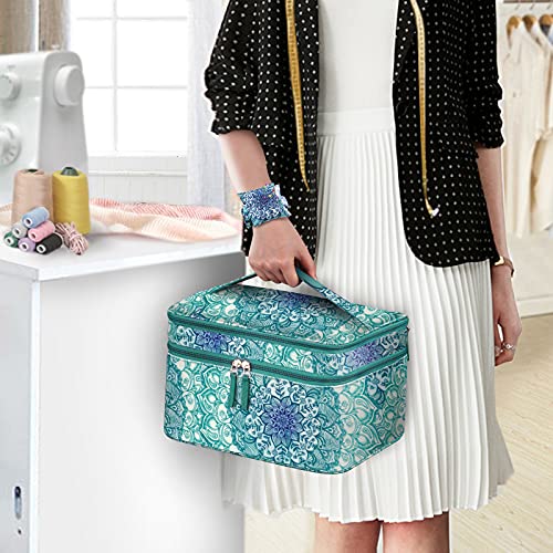 FINPAC Sewing Accessories Storage and Organizer Case, Double-Layer Sewing Kits Carrying Bag with Wrist Pin Cushion for Threads, Needles, Embroidery Floss Supplies, Felting Kits (Emerald Illusions)