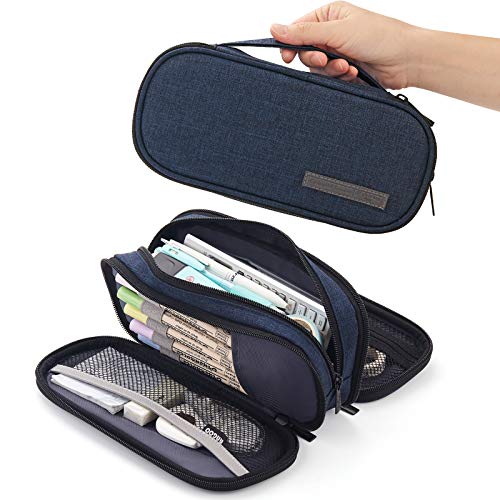 CICIMELON Pencil Case Big Capacity Handheld 3 Compartments Pencil Pouch Portable Large Storage Canvas Pen Bag for Boys Girls Adults Students Business Office(Dark Blue)