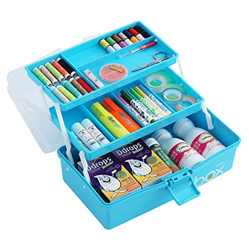 Sunxenze 12'' Three-Layer Clear Plastic Storage Box/Tool Box/Sewing Box Organizer, Multipurpose Organizer and Portable Handled Storage Case for Art Craft and Cosmetic (Light Blue)