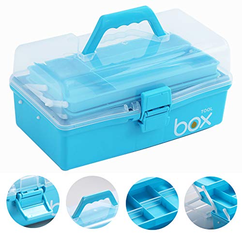 Sunxenze 12'' Three-Layer Clear Plastic Storage Box/Tool Box/Sewing Box Organizer, Multipurpose Organizer and Portable Handled Storage Case for Art Craft and Cosmetic (Light Blue)