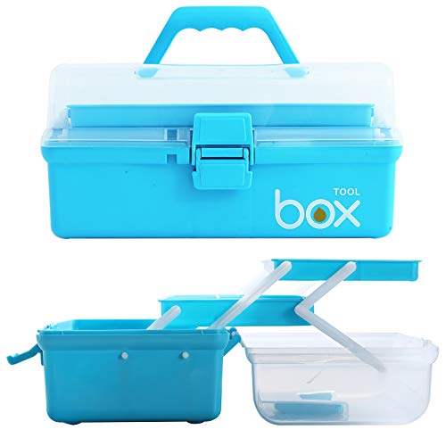 Sunxenze 12'' Three-Layer Clear Plastic Storage Box/Tool Box/Sewing Box Organizer, Multipurpose Organizer and Portable Handled Storage Case for Art Craft and Cosmetic (Light Blue)