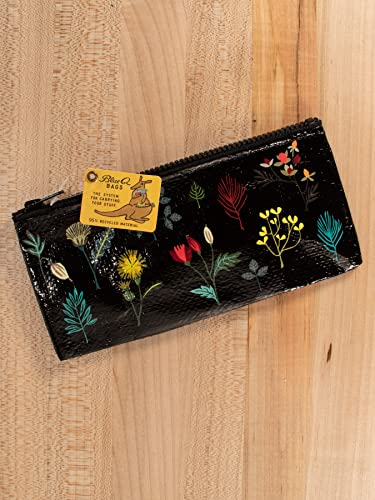 Blue Q Pencil Case, Plant Study - chunky zipper, sturdy and easy-to-rinse-clean, 4.25"h x 8.5"w, made from 95% recycled material (Black with Botanical Drawings)