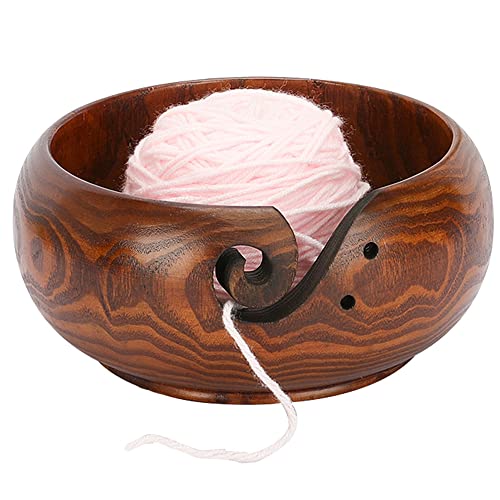 LOOEN Wooden Yarn Bowl Holder Rosewood,Knitting Wool Storage Basket Round with Holes Handmade Craft Crochet Kit Organizer Perfect for Mother's Day(Wine Red)