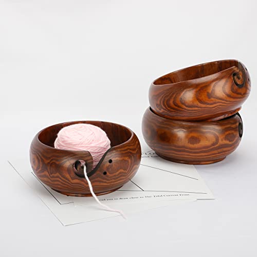 LOOEN Wooden Yarn Bowl Holder Rosewood,Knitting Wool Storage Basket Round with Holes Handmade Craft Crochet Kit Organizer Perfect for Mother's Day(Wine Red)