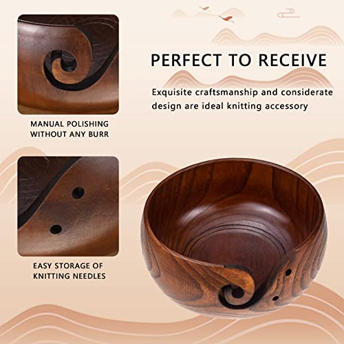 LOOEN Wooden Yarn Bowl Holder Rosewood,Knitting Wool Storage Basket Round with Holes Handmade Craft Crochet Kit Organizer Perfect for Mother's Day(Wine Red)