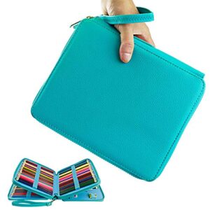 YOUSHARES 120 Slots Pencil Case - PU Leather Handy Large Multi-layer Zipper Pen Bag with Handle Strap for Prismacolor Watercolor Pencils, Crayola Colored Pencil, Marco Pens, Cosmetic Brush (Turquoise)