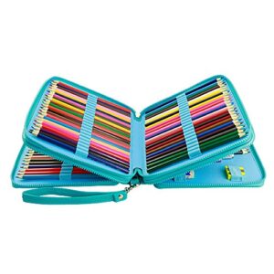 YOUSHARES 120 Slots Pencil Case - PU Leather Handy Large Multi-layer Zipper Pen Bag with Handle Strap for Prismacolor Watercolor Pencils, Crayola Colored Pencil, Marco Pens, Cosmetic Brush (Turquoise)