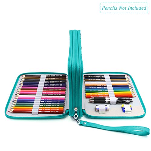 YOUSHARES 120 Slots Pencil Case - PU Leather Handy Large Multi-layer Zipper Pen Bag with Handle Strap for Prismacolor Watercolor Pencils, Crayola Colored Pencil, Marco Pens, Cosmetic Brush (Turquoise)