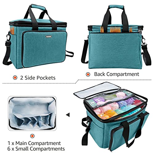 PACEARM Knitting Bag Yarn Storage Organizer, Large Crochet Bag Tote with Multiple Pockets & Divider for Projects, Knitting Needles, Crochet Hooks, Water Resistant Yarn Bag for Crocheting Accessories