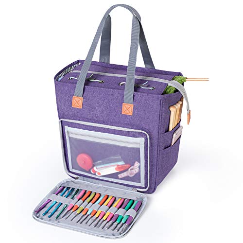 Luxja Knitting Tote Bag, Yarn Storage Bag for Carrying Projects, Knitting Needles, Crochet Hooks and Other Accessories, Purple