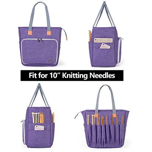 Luxja Knitting Tote Bag, Yarn Storage Bag for Carrying Projects, Knitting Needles, Crochet Hooks and Other Accessories, Purple