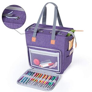 Luxja Knitting Tote Bag, Yarn Storage Bag for Carrying Projects, Knitting Needles, Crochet Hooks and Other Accessories, Purple