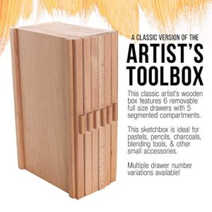 U.S. Art Supply 6 Drawer Wood Artist Supply Storage Box - Pastels, Pencils, Pens, Markers, Brushes