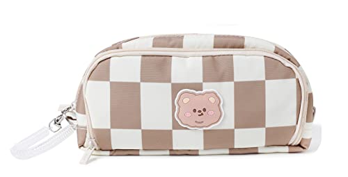 Moaneji Cute Large Capacity Pencil Pouch Aesthetic Checker Canvas Pencil Case Organizer Fashion Stationary Bag Big Pen Holder for Art Suppliers Small Makeup Bag(Brown)