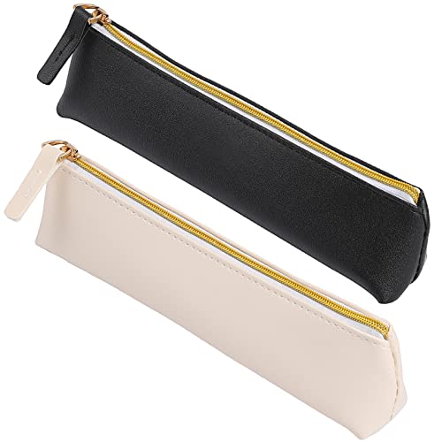 Vin Beauty 2 Pcs Leather Pencil Pouch, Slim Design Small Pencil Pouch Pencil Bag Zipper Pencil Case Bag Stationery Pouch Bag for Pens, Pencils, Markers(Black&Beige)