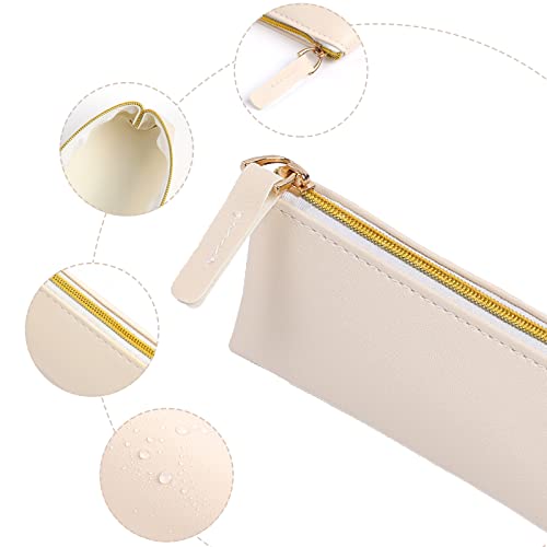 Vin Beauty 2 Pcs Leather Pencil Pouch, Slim Design Small Pencil Pouch Pencil Bag Zipper Pencil Case Bag Stationery Pouch Bag for Pens, Pencils, Markers(Black&Beige)