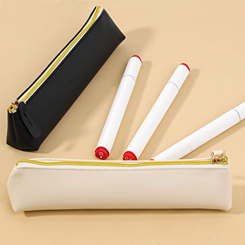 Vin Beauty 2 Pcs Leather Pencil Pouch, Slim Design Small Pencil Pouch Pencil Bag Zipper Pencil Case Bag Stationery Pouch Bag for Pens, Pencils, Markers(Black&Beige)