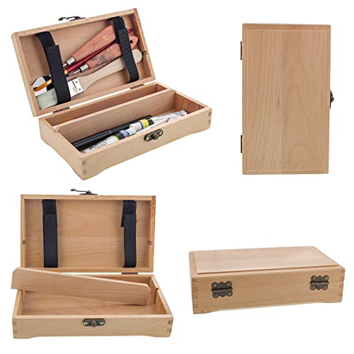 US Art Supply Small Beechwood Artist Tool and Brush Storage Box with Locking Clasp