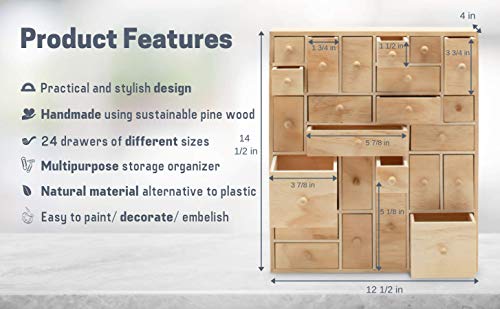 HYGGEHAUS Art Organizer & Storage - 24 Drawer Crafts Organization | Apothecary Cabinet Dresser Chest | DIY Advent Wooden Calendar | Comes Fully Assembled, Solid Pine Wood - L:12.5" x H:14.5" x D:4"