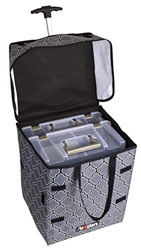 ArtBin 6822AG Rolling Tote, Lightweight Collapsible Art & Craft Storage Tote with Wheels, Retractable Handle, Shoulder Strap, Black/Gray Print