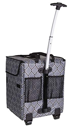 ArtBin 6822AG Rolling Tote, Lightweight Collapsible Art & Craft Storage Tote with Wheels, Retractable Handle, Shoulder Strap, Black/Gray Print