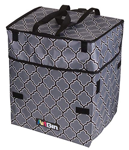 ArtBin 6822AG Rolling Tote, Lightweight Collapsible Art & Craft Storage Tote with Wheels, Retractable Handle, Shoulder Strap, Black/Gray Print