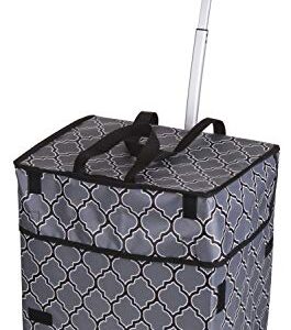 ArtBin 6822AG Rolling Tote, Lightweight Collapsible Art & Craft Storage Tote with Wheels, Retractable Handle, Shoulder Strap, Black/Gray Print