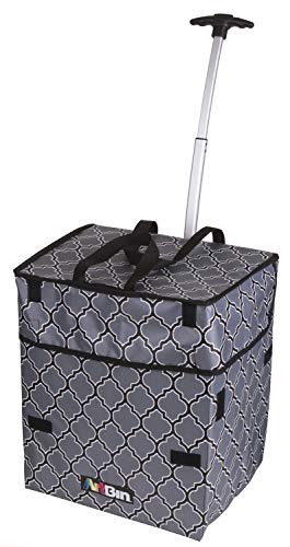 ArtBin 6822AG Rolling Tote, Lightweight Collapsible Art & Craft Storage Tote with Wheels, Retractable Handle, Shoulder Strap, Black/Gray Print