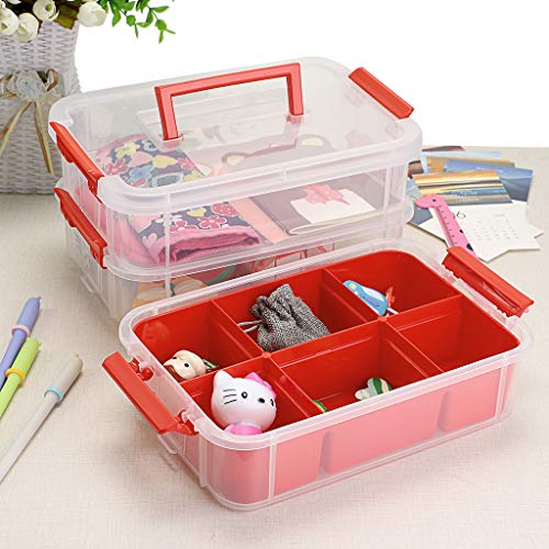 BTSKY 3 Layer Stack & Carry Box, Plastic Multipurpose Portable Storage Container Box Handled Organizer Storage Box with Removable Tray for Organizing Sewing, Art Craft, Supplies Red