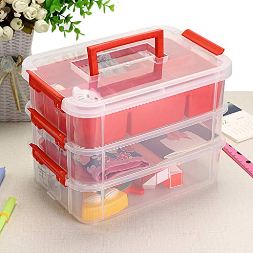 BTSKY 3 Layer Stack & Carry Box, Plastic Multipurpose Portable Storage Container Box Handled Organizer Storage Box with Removable Tray for Organizing Sewing, Art Craft, Supplies Red