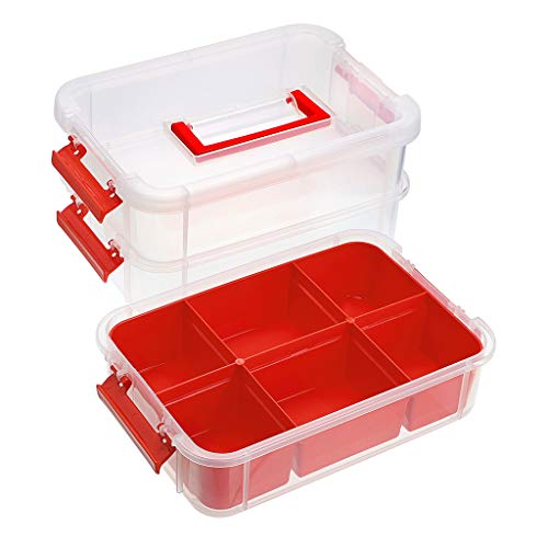 BTSKY 3 Layer Stack & Carry Box, Plastic Multipurpose Portable Storage Container Box Handled Organizer Storage Box with Removable Tray for Organizing Sewing, Art Craft, Supplies Red