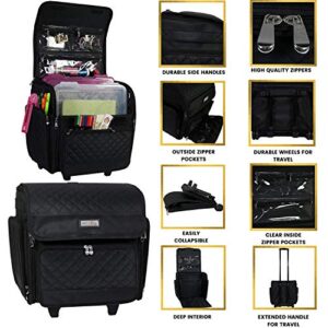 Everything Mary Deluxe Rolling Papercraft Craft Case, Black Quilted - Scrapbook Tote Bag w/Wheels for Scrapbooking & Art - Travel Organizer Storage for IRIS Boxes - for Teachers & Medical