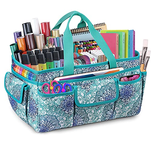 FINPAC Large Craft Storage Tote Bag with Multiple Pockets, Scrapbooking Carrying Case Storage Caddy with Handle for Sewing, Art, Desktop, Baby Care Supplies (Emerald Illusions)