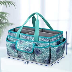 FINPAC Large Craft Storage Tote Bag with Multiple Pockets, Scrapbooking Carrying Case Storage Caddy with Handle for Sewing, Art, Desktop, Baby Care Supplies (Emerald Illusions)