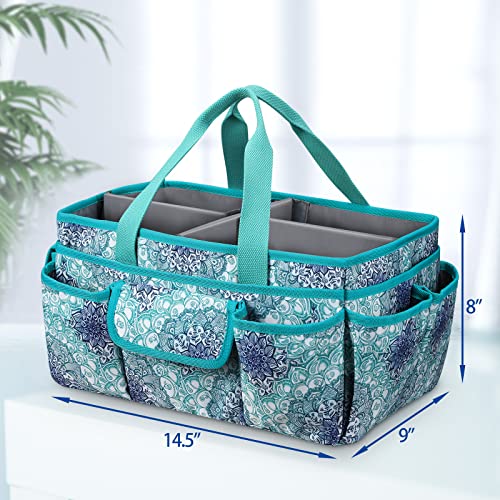 FINPAC Large Craft Storage Tote Bag with Multiple Pockets, Scrapbooking Carrying Case Storage Caddy with Handle for Sewing, Art, Desktop, Baby Care Supplies (Emerald Illusions)