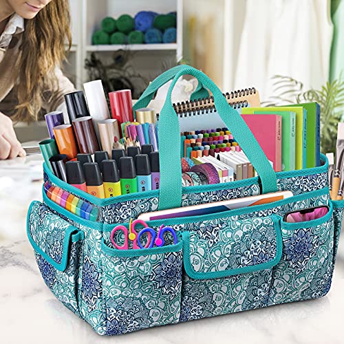 FINPAC Large Craft Storage Tote Bag with Multiple Pockets, Scrapbooking Carrying Case Storage Caddy with Handle for Sewing, Art, Desktop, Baby Care Supplies (Emerald Illusions)