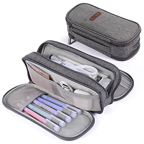 Pencil Case Big Capacity Pen Bag 3 Compartment Large Storage Pouch Marker Pen Case with Zipper Waterproof Portable for School Girls Boys Teens (Grey)