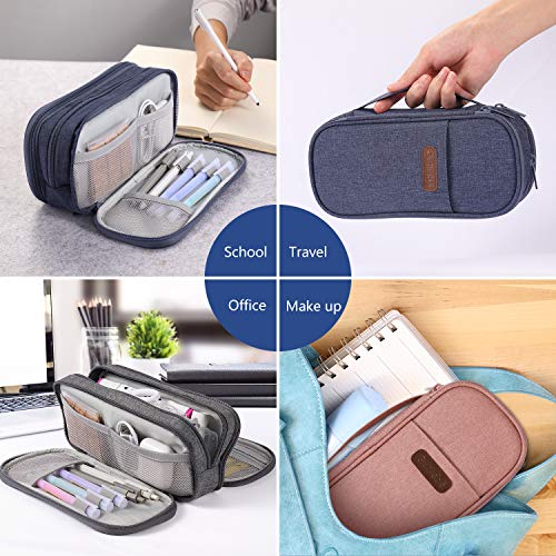 Pencil Case Big Capacity Pen Bag 3 Compartment Large Storage Pouch Marker Pen Case with Zipper Waterproof Portable for School Girls Boys Teens (Grey)