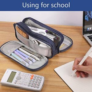 Pencil Case Big Capacity Pen Bag 3 Compartment Large Storage Pouch Marker Pen Case with Zipper Waterproof Portable for School Girls Boys Teens (Grey)