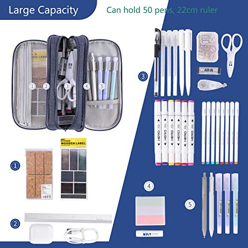 Pencil Case Big Capacity Pen Bag 3 Compartment Large Storage Pouch Marker Pen Case with Zipper Waterproof Portable for School Girls Boys Teens (Grey)