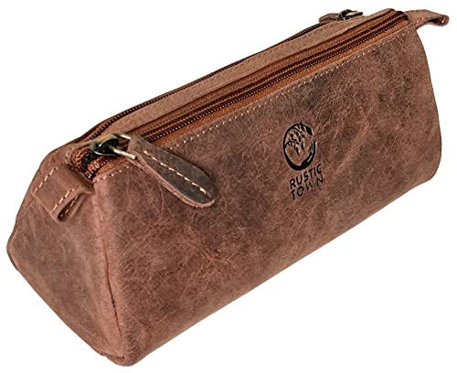 RUSTIC TOWN Leather Pencil Case - Zippered Pen Holder Pouch for School, Work & Office (Medium Brown)