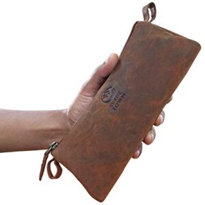 RUSTIC TOWN Leather Pencil Case - Zippered Pen Holder Pouch for School, Work & Office (Medium Brown)