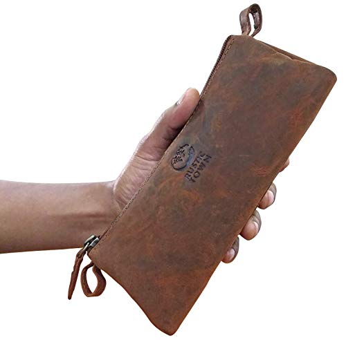 RUSTIC TOWN Leather Pencil Case - Zippered Pen Holder Pouch for School, Work & Office (Medium Brown)