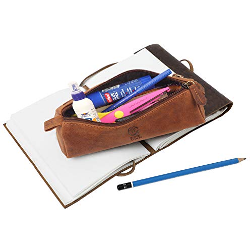 RUSTIC TOWN Leather Pencil Case - Zippered Pen Holder Pouch for School, Work & Office (Medium Brown)