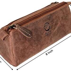 RUSTIC TOWN Leather Pencil Case - Zippered Pen Holder Pouch for School, Work & Office (Medium Brown)