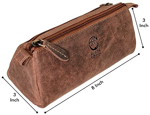 RUSTIC TOWN Leather Pencil Case - Zippered Pen Holder Pouch for School, Work & Office (Medium Brown)