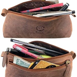 RUSTIC TOWN Leather Pencil Case - Zippered Pen Holder Pouch for School, Work & Office (Medium Brown)