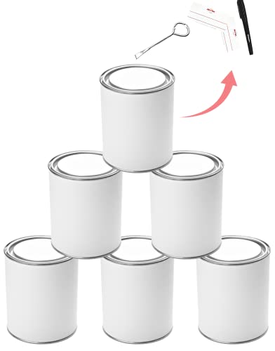 BLYSK Empty Metal Quart Paint Cans with Lids Paint Storage Containers Unlined Multipurpose Storage for Art and Crafts DIY Projects Painting Garage Organization Parties, Free Can Open, Marker & Labels (6, White)