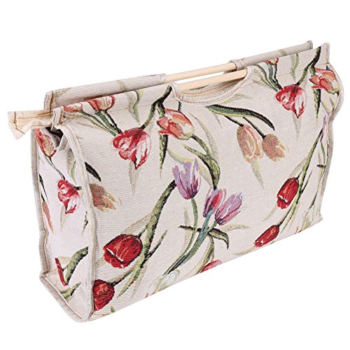 Knitting Tote Bag,Exquisite Practical Wood Handle Woven Fabric Storage Bag for Knitting Needles Sewing Tools(Red Flower)